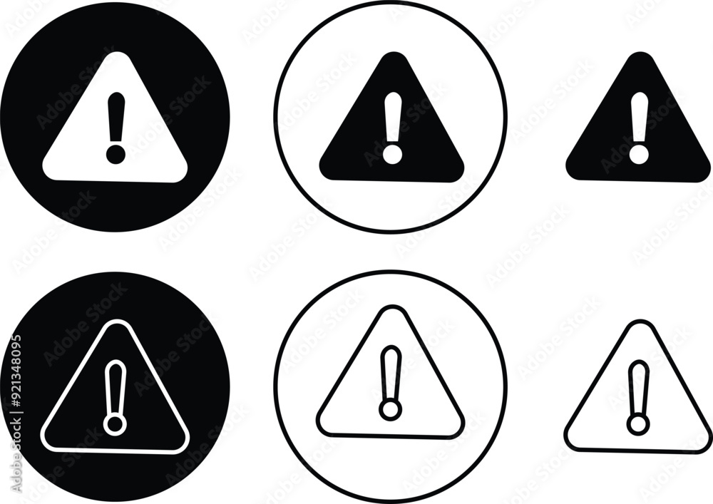 Danger warning icon set. alert triangle warn sign in black flat and ...