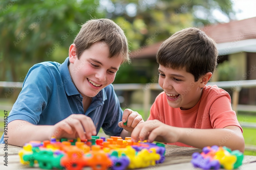 Two boys playing with building blocks and having fun Stock Photo ...