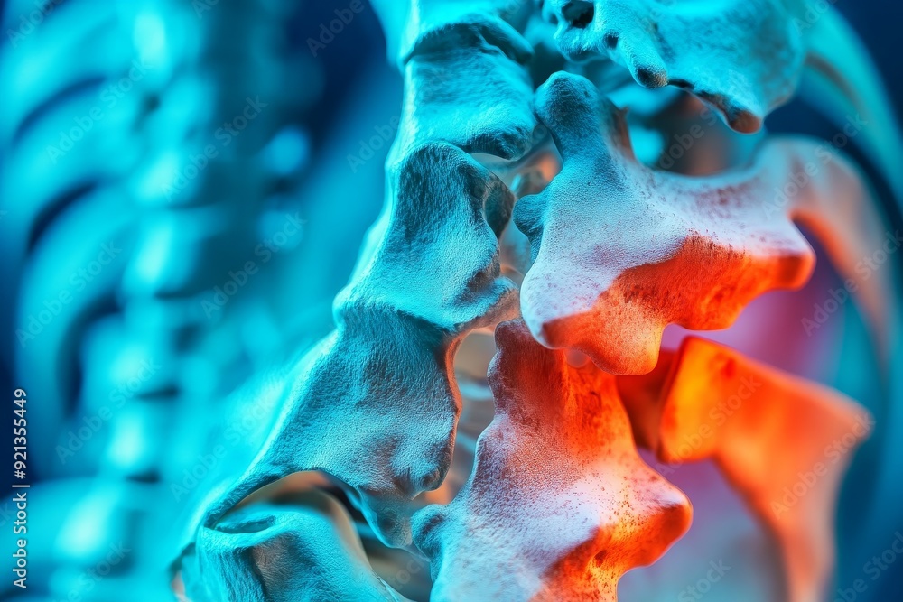 A close-up of a human spine, highlighting the lumbar vertebrae. The ...