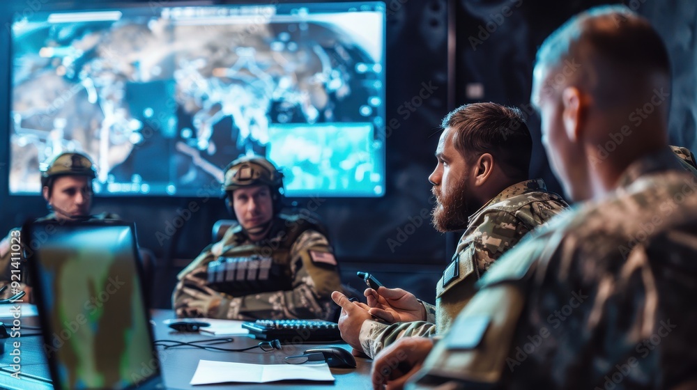 Soldiers participate in a tactical meeting, analyzing maps and data on ...