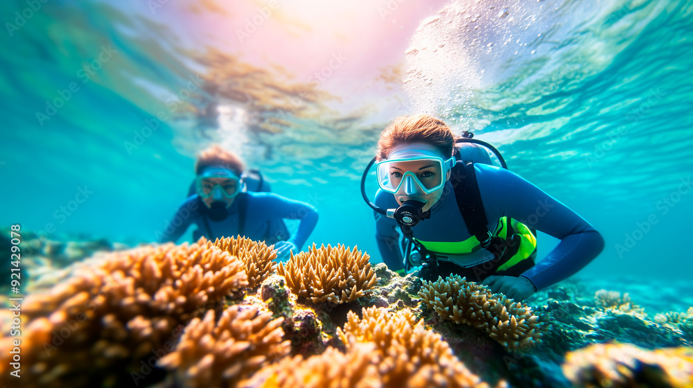 Enthusiastic marine biologist, underwater, observing vibrant coral ...