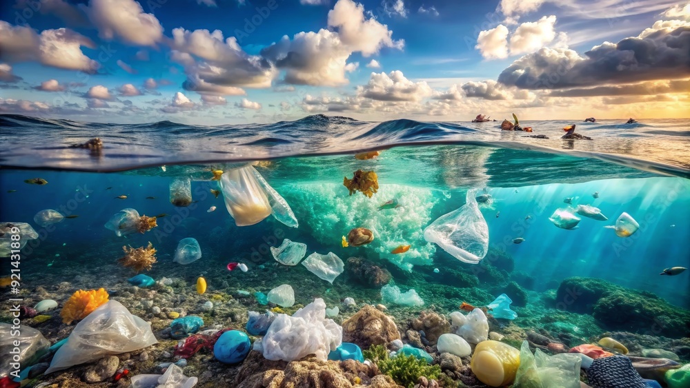 Underwater scene showing plastic pollution in the ocean, with half of ...