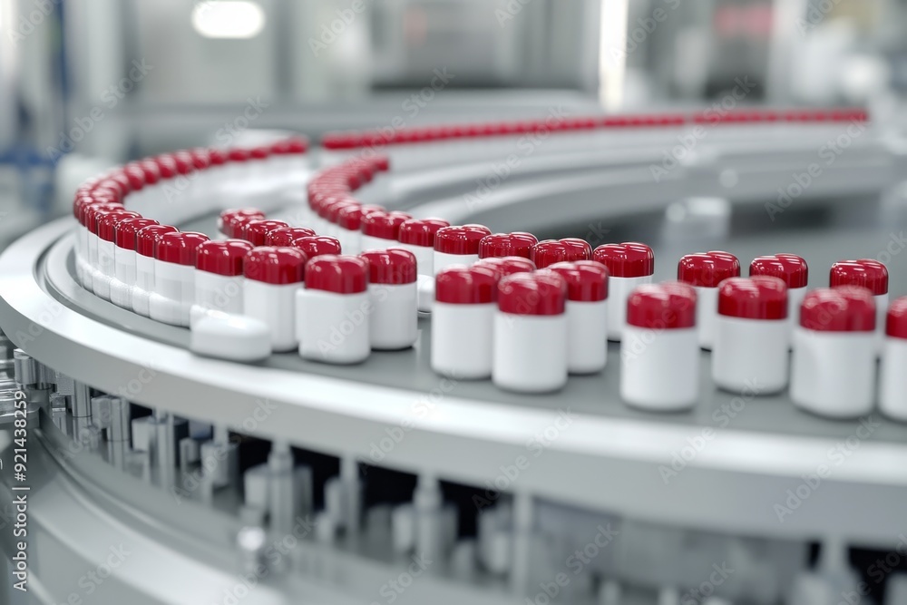 High tech pharmaceutical production line with white and red capsules ...