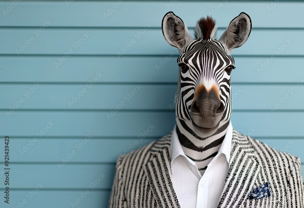 A zebra dressed in a tailored striped suit stands upright, showcasing ...