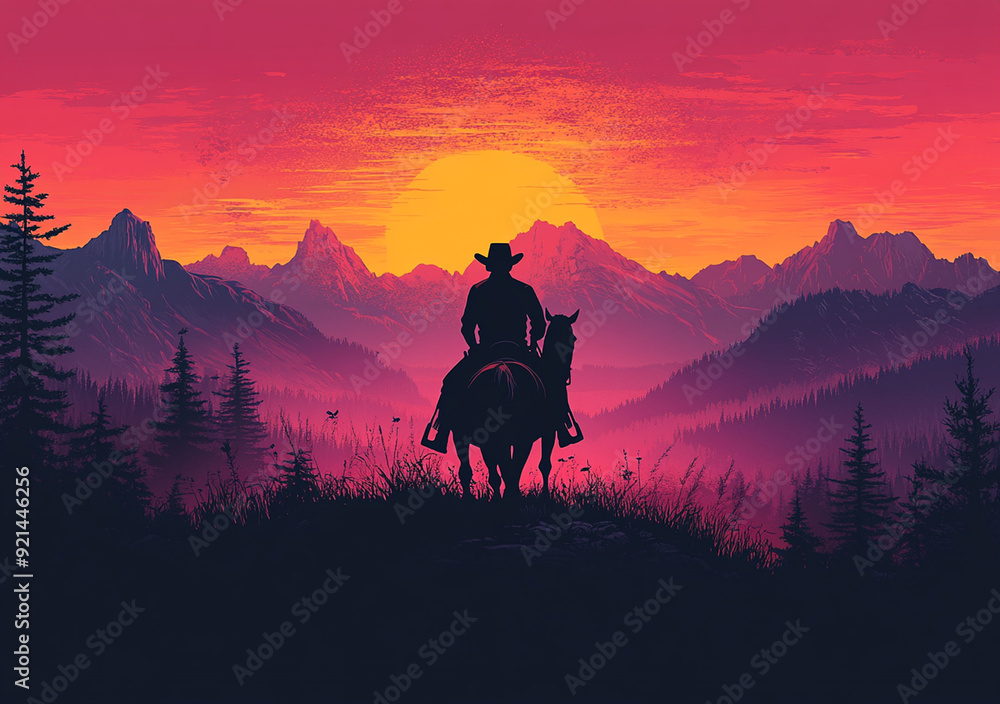 cowboy sunset silhouette Stock Illustration | Adobe Stock
