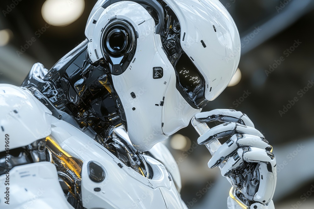 Side profile of a futuristic humanoid robot with mechanical hand over ...