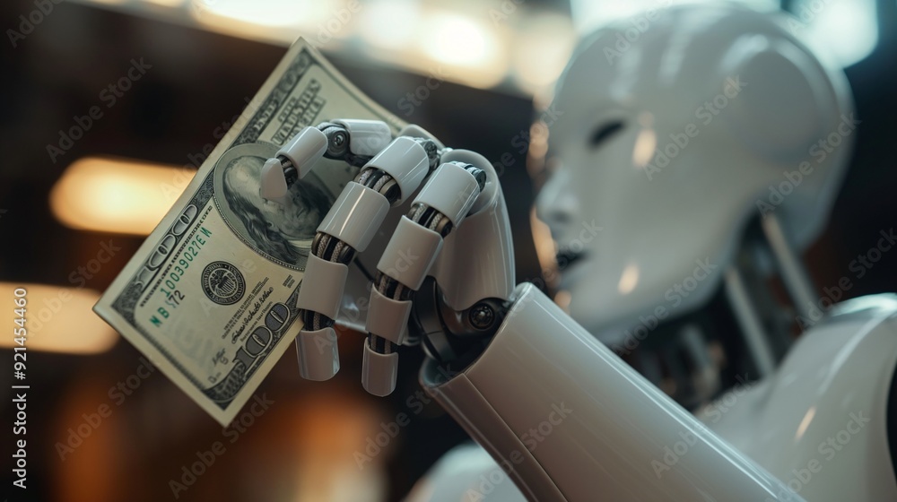 Robot Holding U.S. Dollar Bill, Symbolizing AI in Finance Stock Photo ...