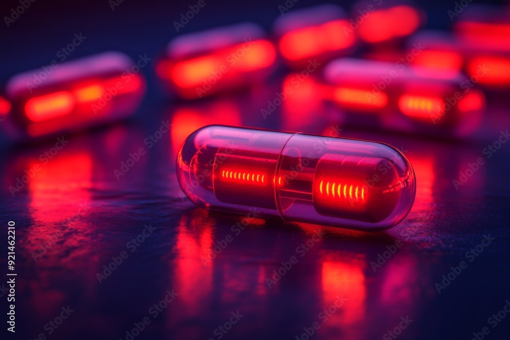 Robotic hand meticulously pouring red capsules into a container ...