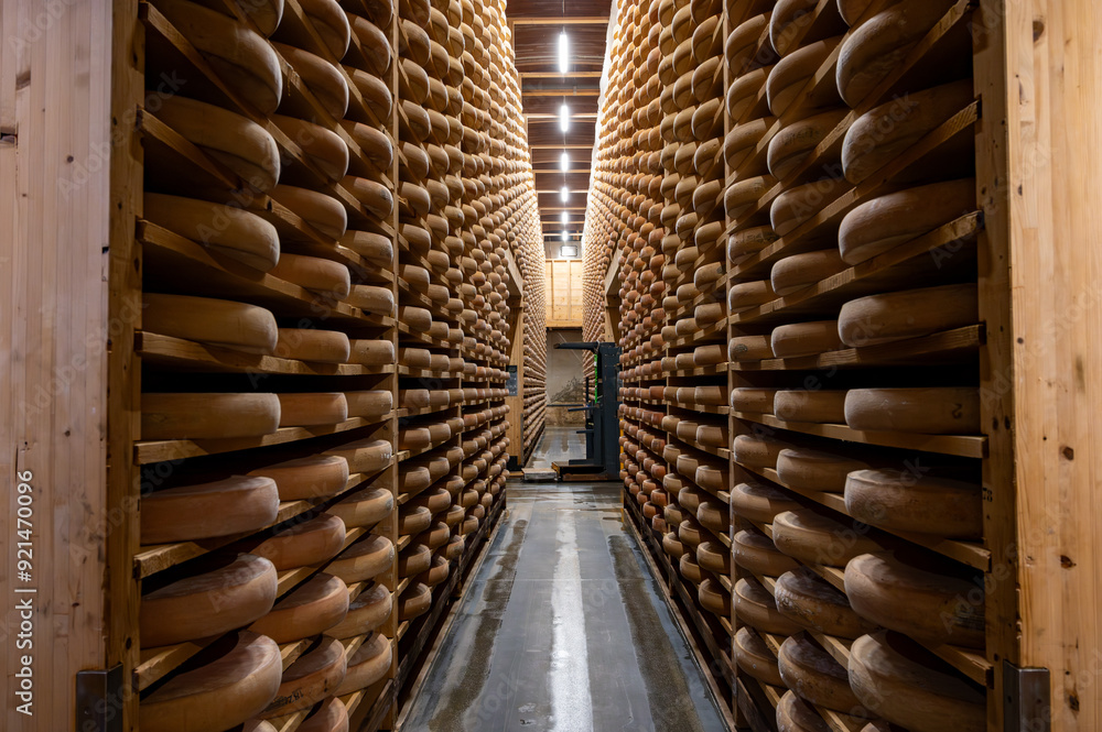 Foto de Stock Aging rooms with shelves in cheese caves, central ...
