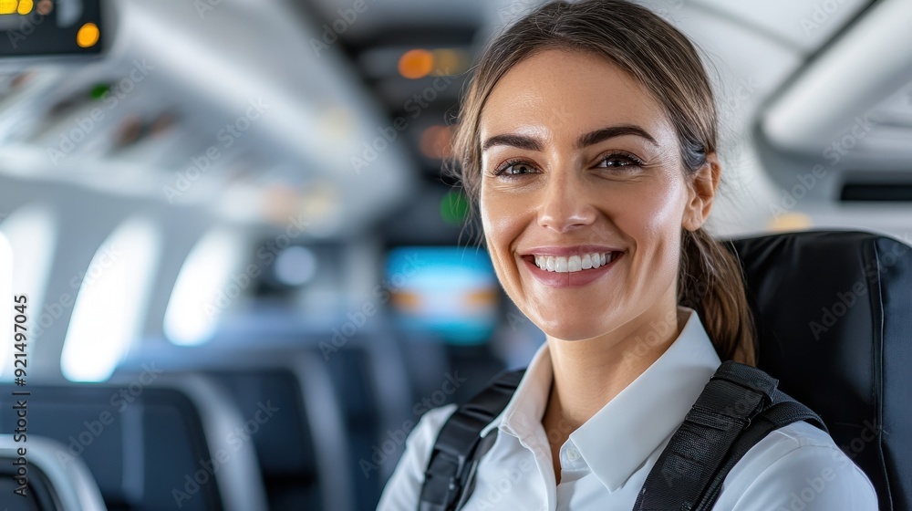 A professional female pilot smiling inside the aircraft cockpit, capturing the spirit of ...