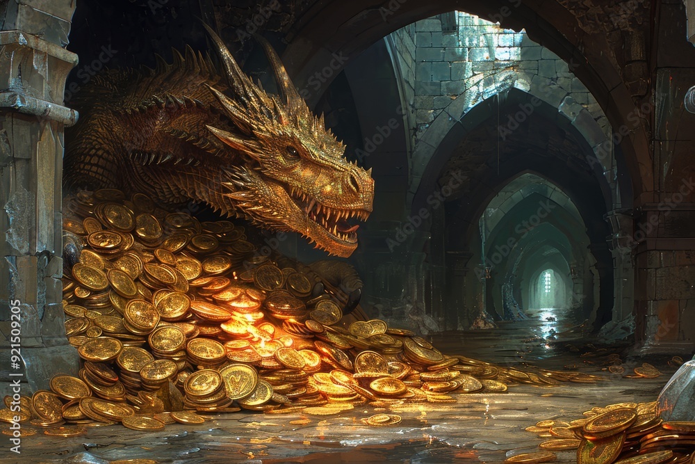 Majestic Dragon Guarding Its Gleaming Treasure Hoard in an Ancient ...