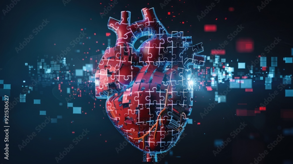 Digital illustration of a human heart composed of puzzle pieces ...