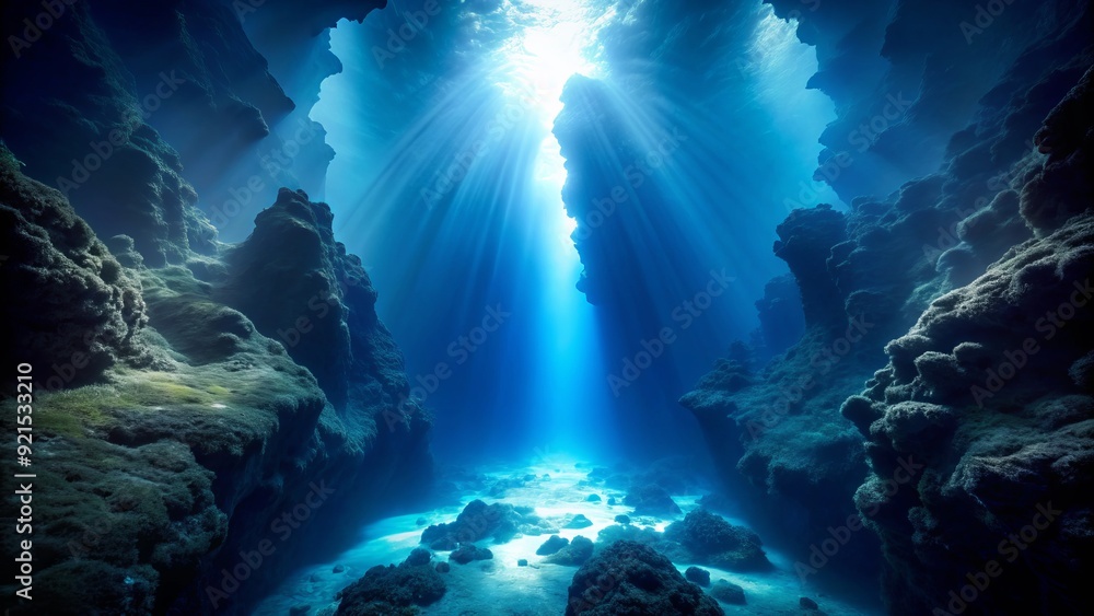 Mysterious dark blue abyss with eerie fog and faint sunlight peering ...