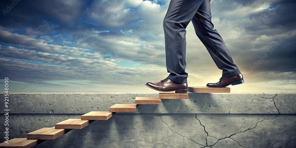 Person taking a risky step on a narrow path, risk, challenge, courage ...