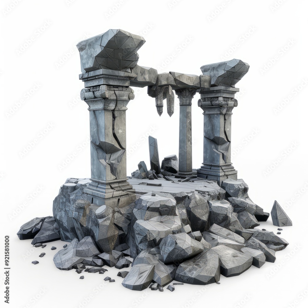 3D Render, Low Poly style of ruined shopping mall with debris-filled ...