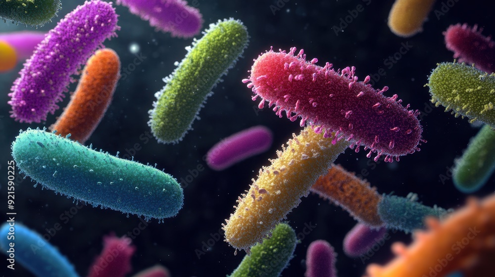 Microscopic bacteria with fluorescent staining, glowing colors ...