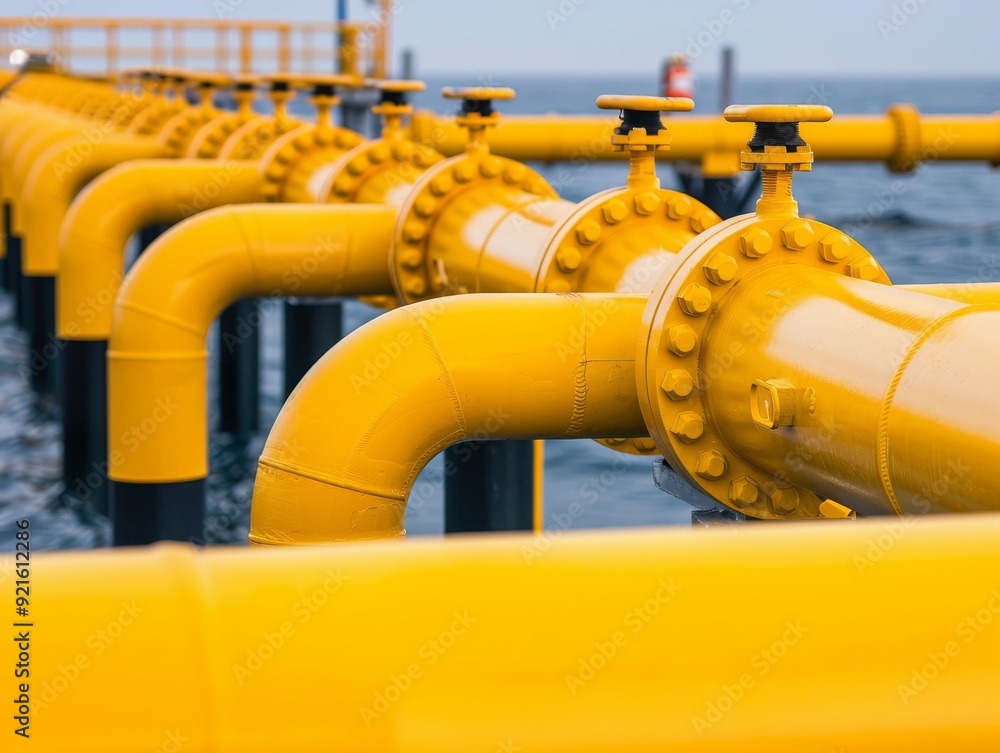 Industrial yellow pipeline over water, showcasing modern engineering ...