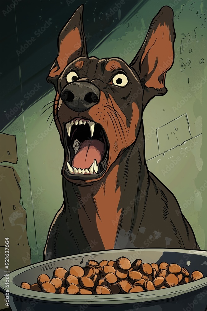 Cartoon Aggressive Doberman Growling Over Food Bowl | Protective Dog ...