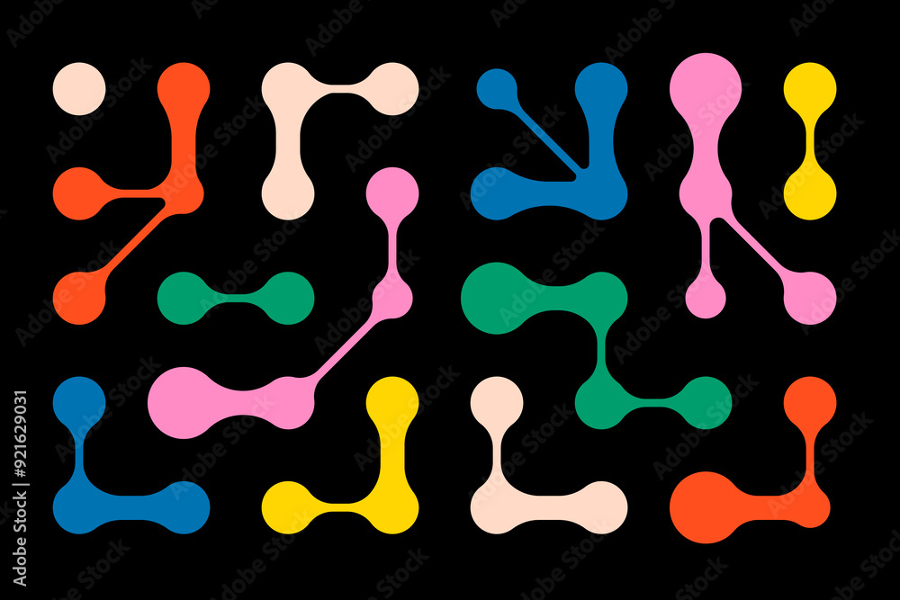 Geometric pattern of interconnected blobs and dots, resembling metaballs. The fluid shapes morph ...