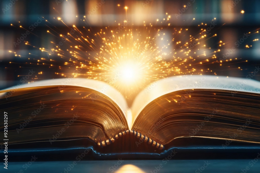 An open book radiating magical light and sparks, symbolizing ...