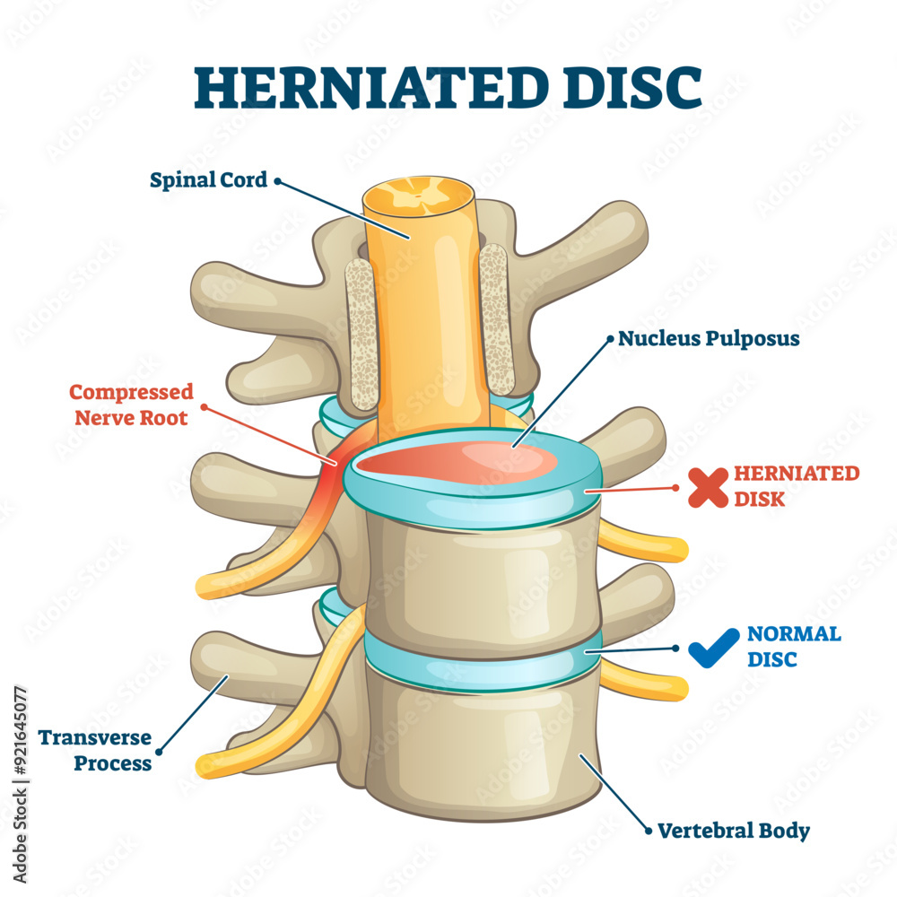 Herniated disc injury 3D side view on spinal bone skeleton illustration ...