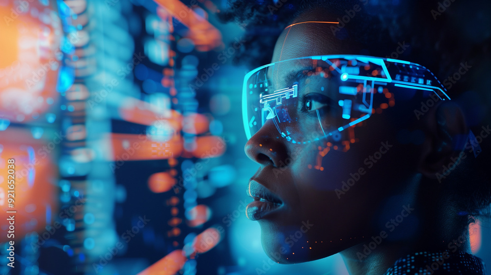 AI cyber security threat illustration, female IT specialist analyzing ...