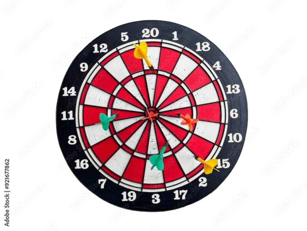 The picture shows a black background dart board with white and red ...