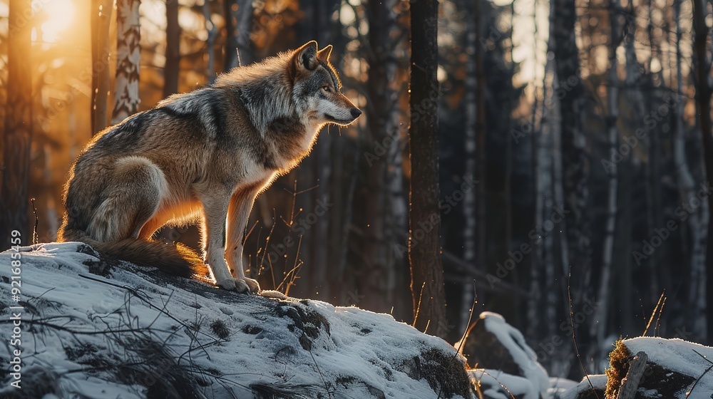 wolf in the woods dramatic cinematic panoramic picture with wild ...