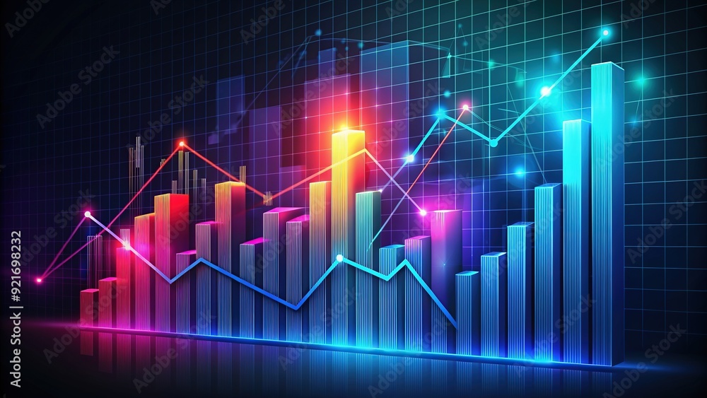 Colorful bar graph and line chart combination on a dark background ...