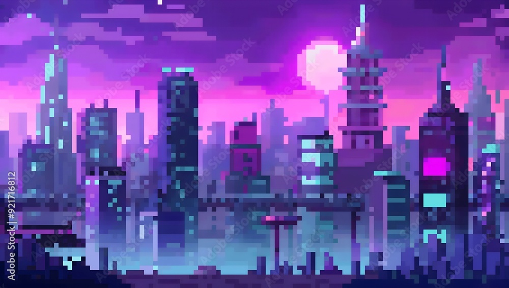 Neon cyberpunk cityscape at night pixel art background. 8-bit game ...