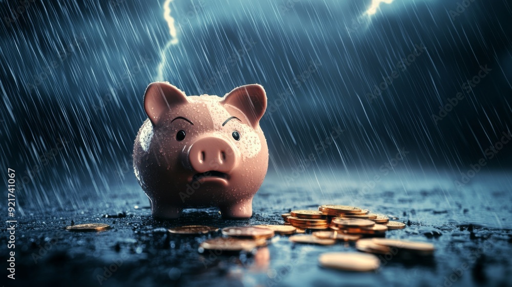 Lightning strikes a piggy bank, breaking it , dark rain clouds ...
