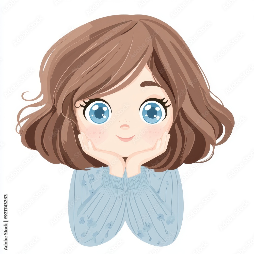 Adorable clipart of a woman with wavy brown hair and blue eyes, set in ...