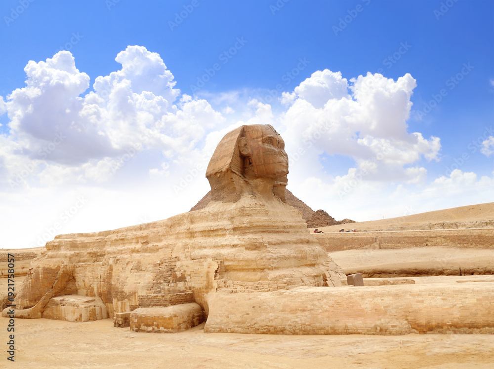 Famous Great Sphinx and Great Pyramid of Cheops, Cairo, Egypt. Ancient ...