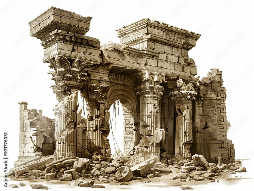 Illustration of an ancient temple in decay, with eroded carvings and ...