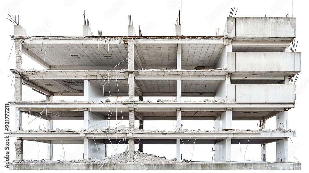 Depiction of a multi-story parking garage in the midst of demolition ...
