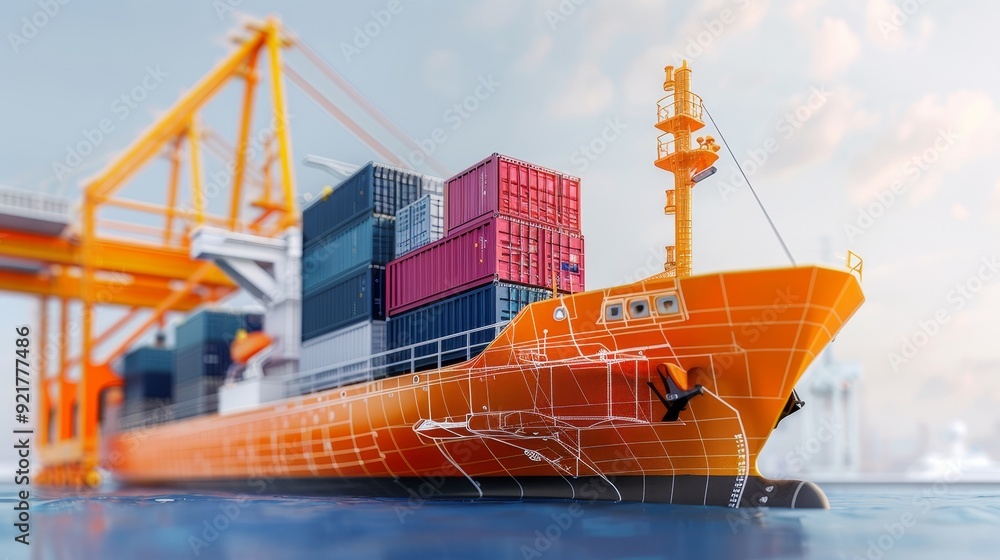 Freight container ship sketch in port for transport with copy space ...