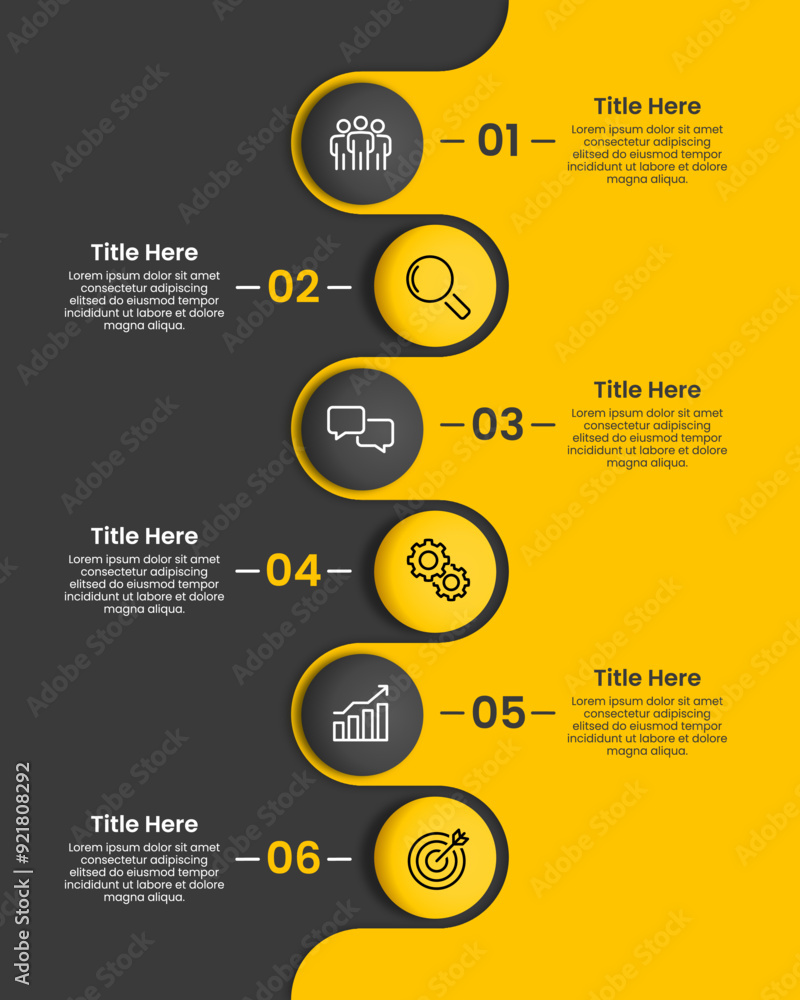 Vertical infographic timeline 6 steps or options on Yellow and Black ...