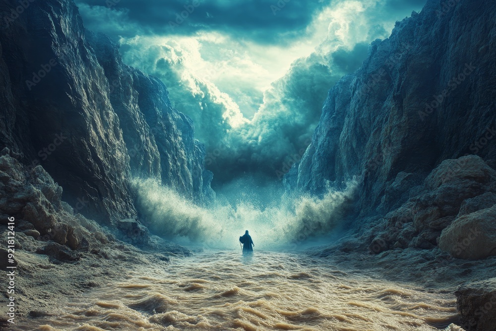Majestic photo of moses parting the red sea with towering walls of ...