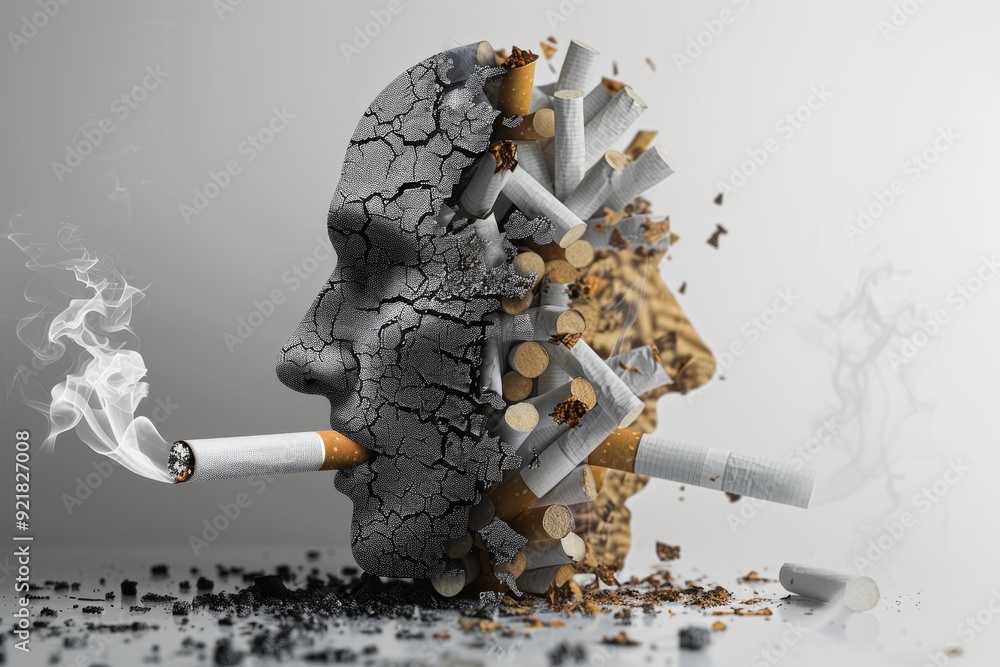 Sculpture of a crumbling face with cigarettes emphasizes the ...