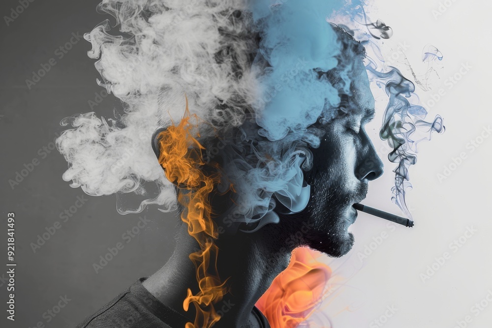 Colorful explosion of smoke from a head illustrating the chaotic and ...