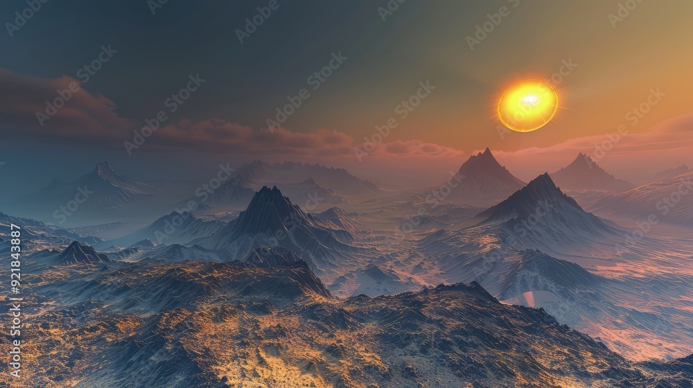 Foto de Stock An alien landscape at dawn, with the first light of a ...
