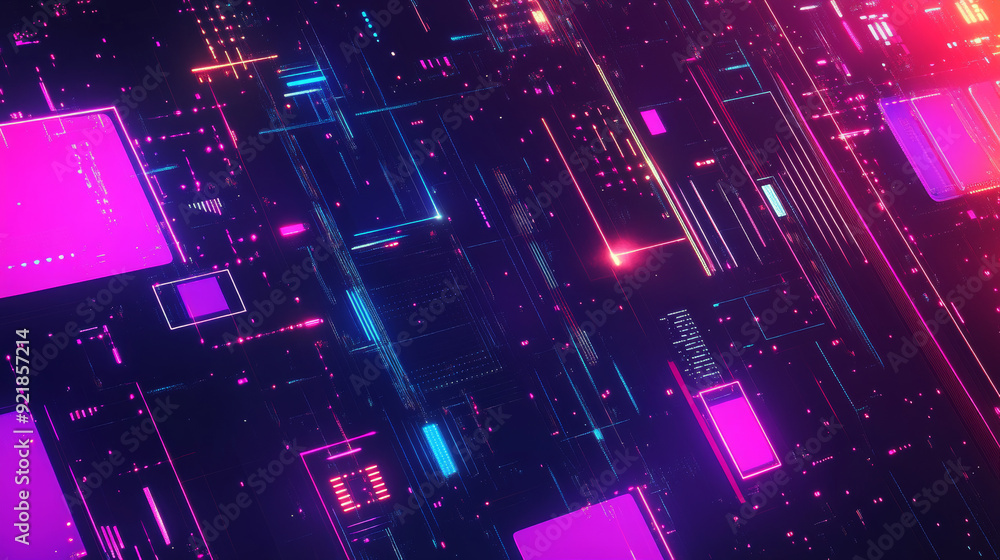 Cyberpunk-style technology pattern. Abstract 3D network for social ...