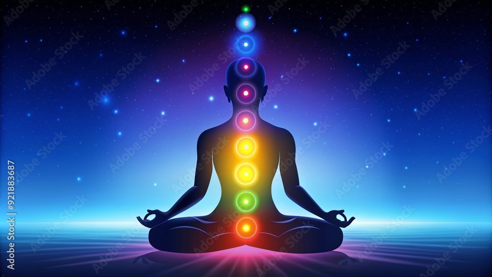 Meditation cartoon with seven chakras and aura on night background ...