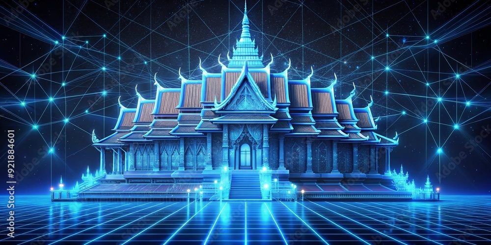 Ilustración de Stock Thai temple hologram wireframe with blue neon lights, quantum computing ...