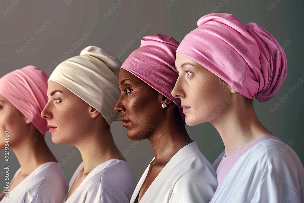 Women of different races and ages fighting breast cancer, a concept for ...