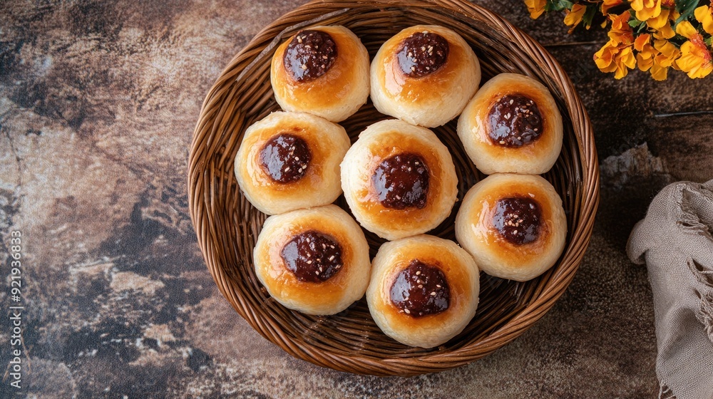 Top view of Korean red bean bun (patbbang) with a soft texture and ...