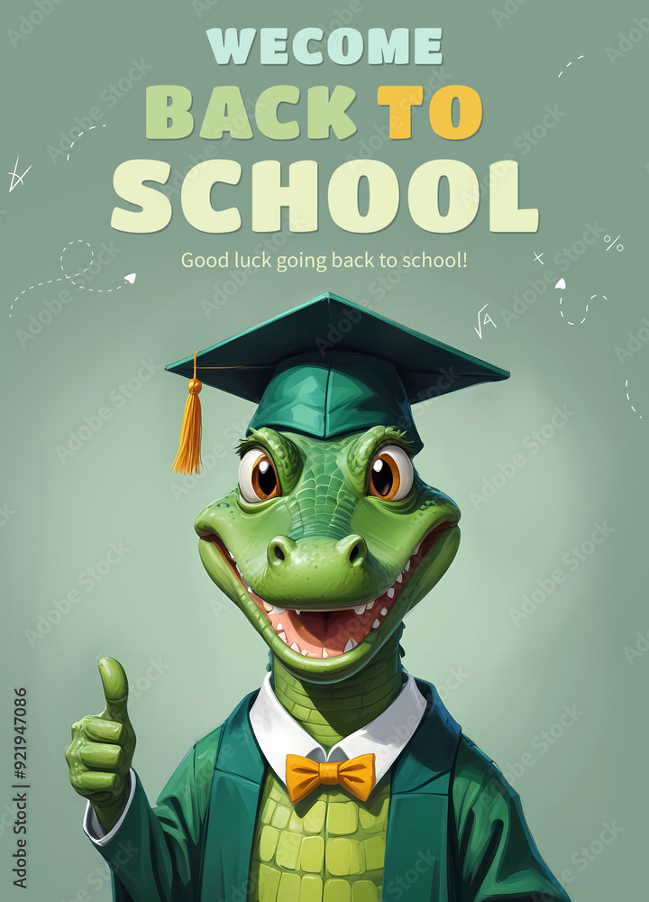Welcome back to school poster with green crocodile wearing graduation ...