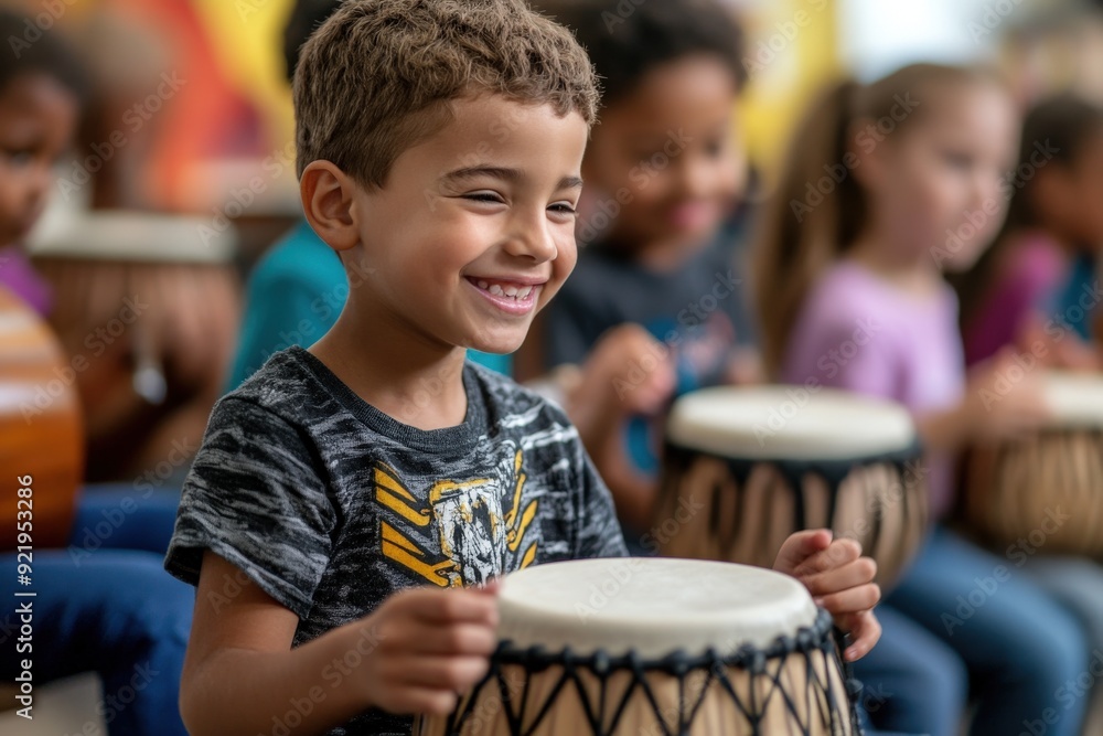 Young children enjoy a group drum-playing session in a classroom ...