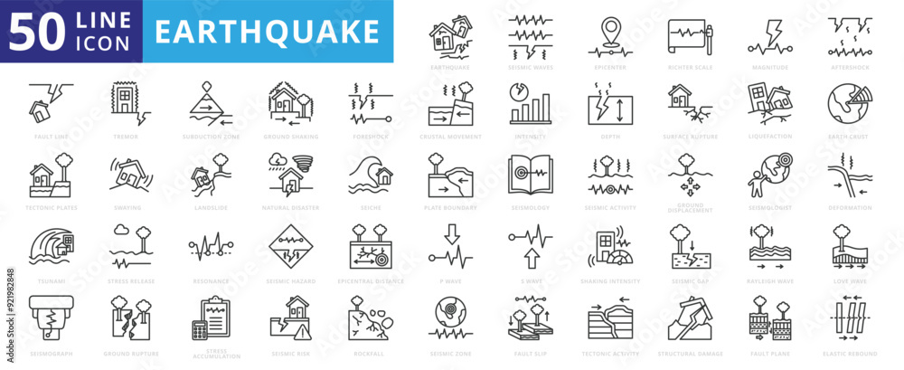 Earthquake icon set with seismic waves, epicenter, scale, magnitude ...
