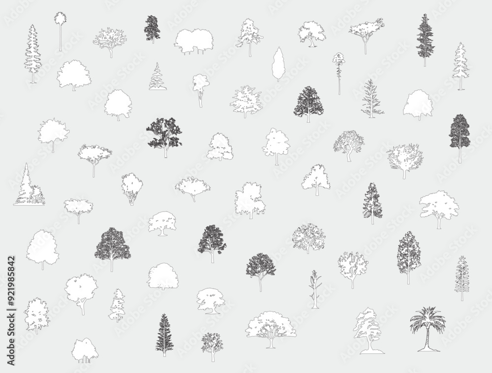 Minimal style cad tree line drawing, Side view, set of graphics trees ...
